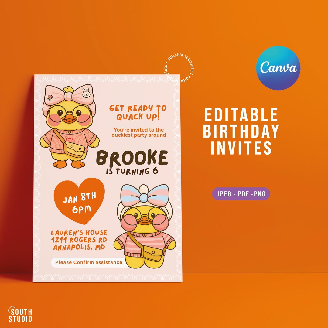 EDITABLE Lala Duck Birthday Invite. Yellow Duck Girl Birthday Party ...