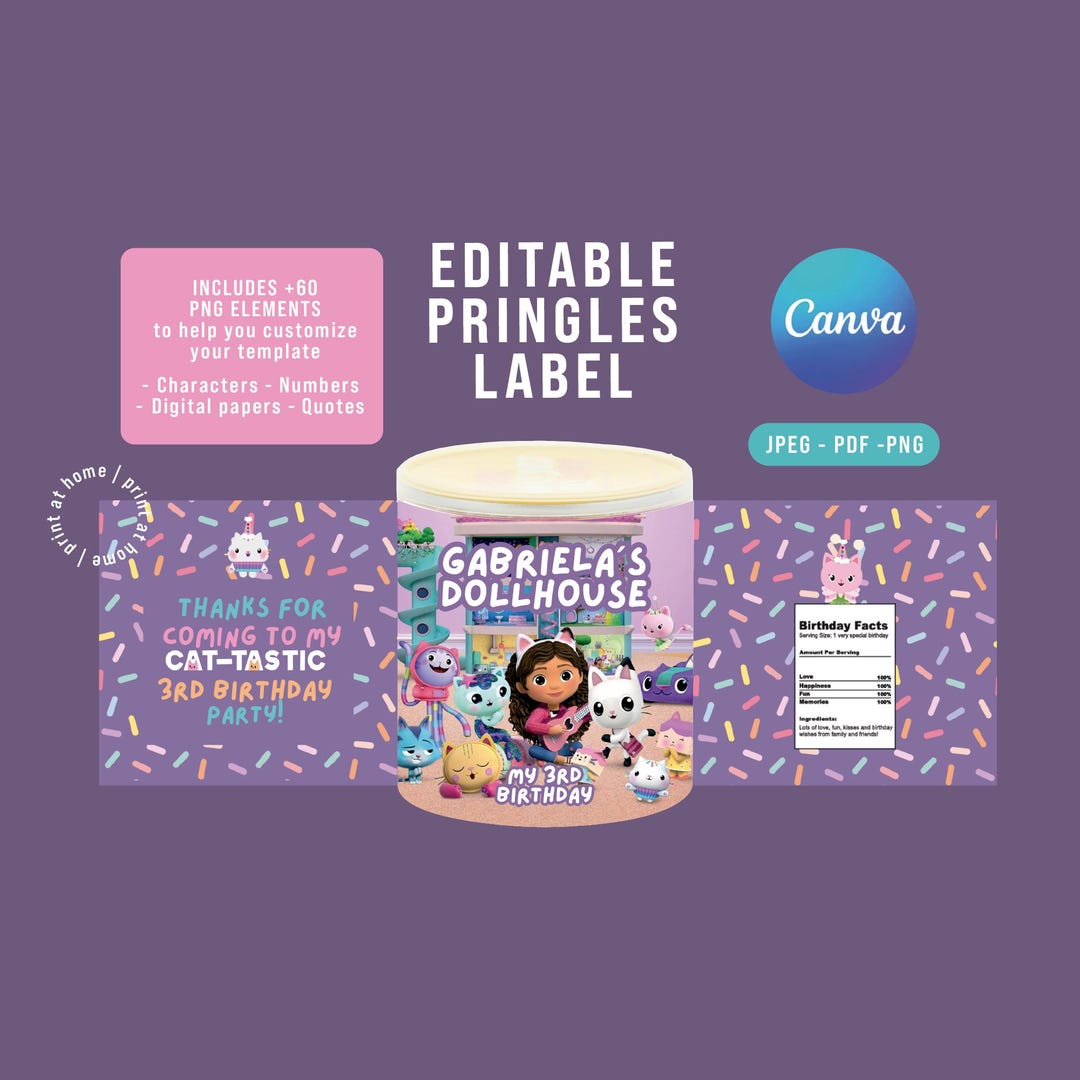 EDITABLE Gabby Doll Pringles Label 1.3 Oz. Gabby Doll Snack Can Label ...