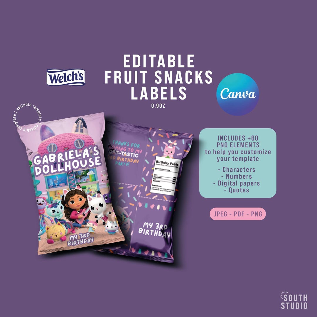 EDITABLE Gabbys Dollhouse Welchs Fruit Snacks Label. Gabby's Dollhouse ...