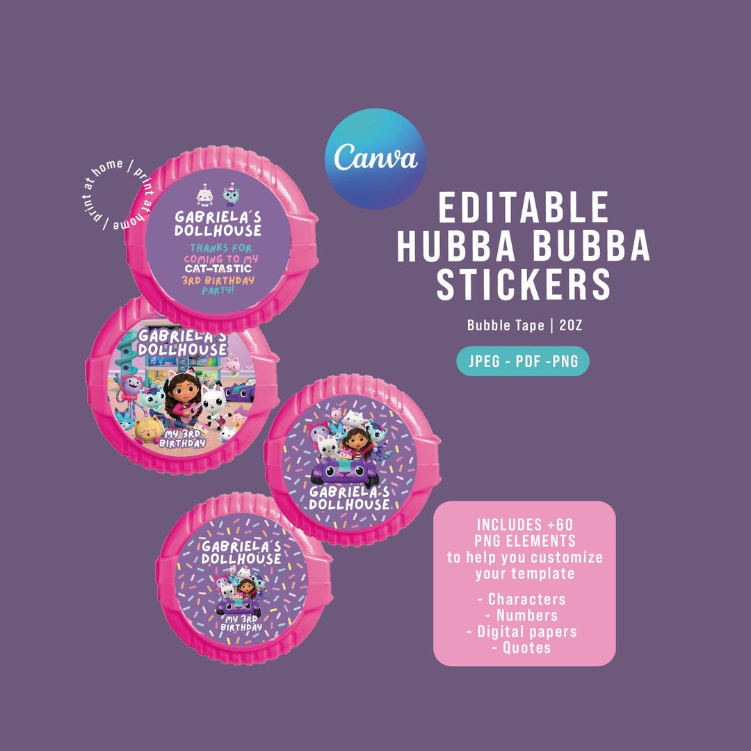 EDITABLE Gabbys Dollhouse Bubble Tape Stickers. Hubba Bubba Labels ...
