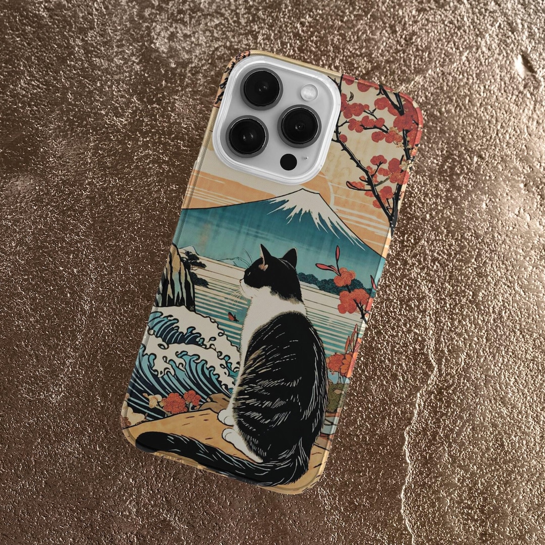 Japanese Art iPhone Case, Cat and Mount Fuji Phone Cover, Wave Pattern ...