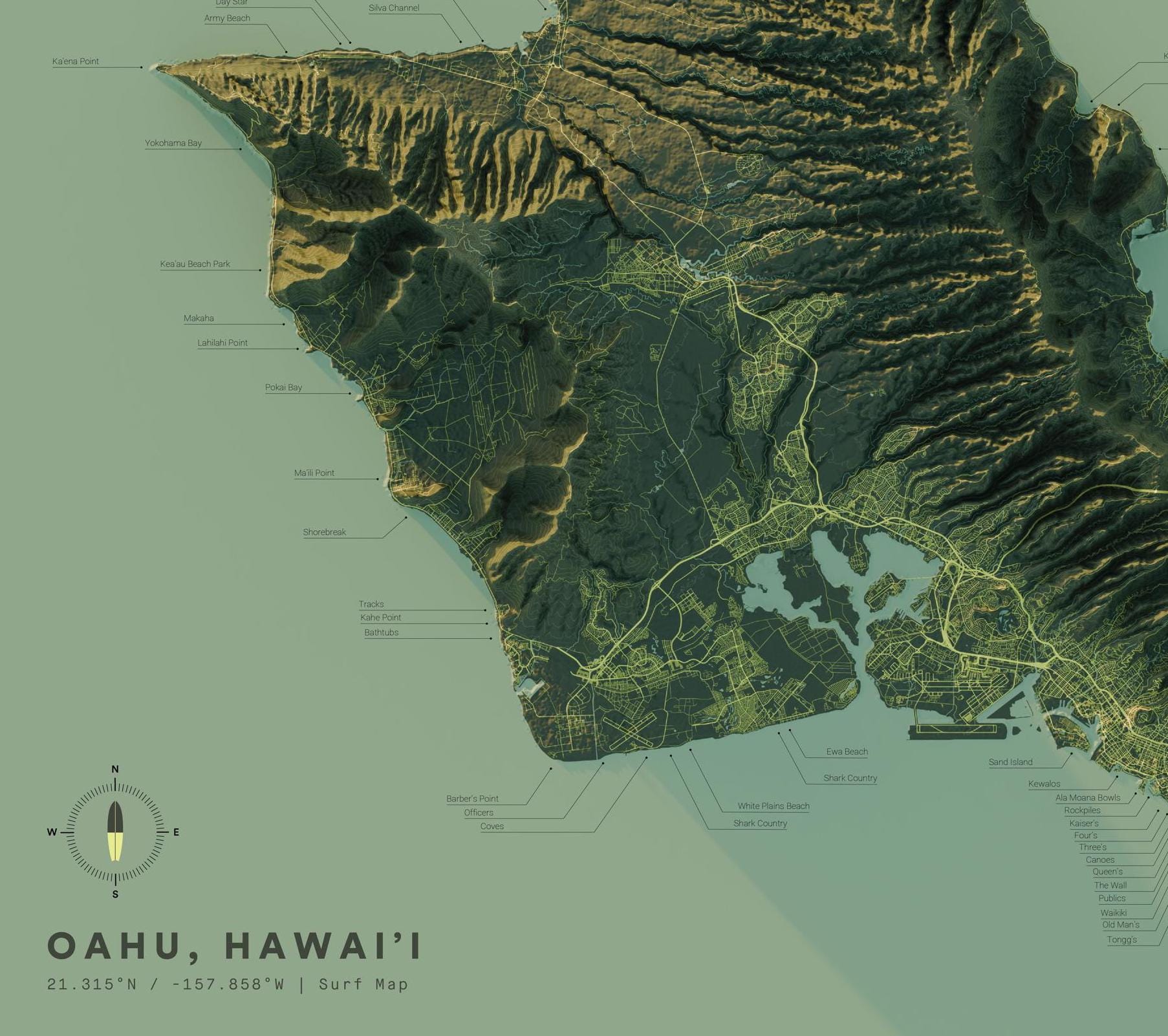 Oahu Shaded Relief Surf Map - Etsy