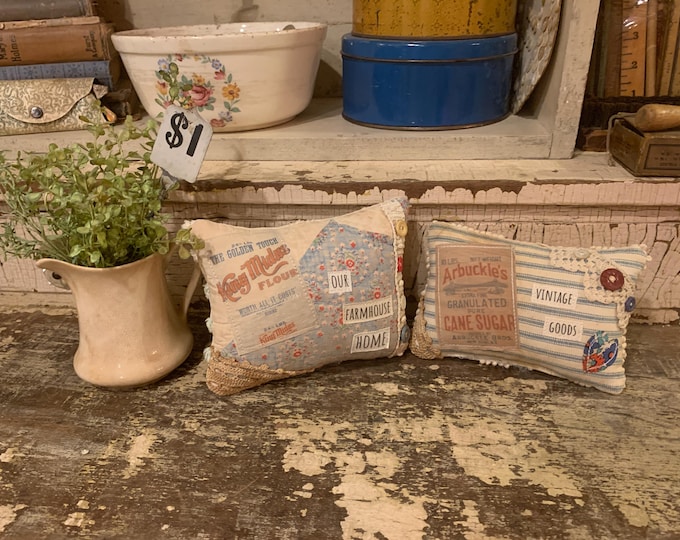 Set of Two Farmhouse Bowl Fillers / Quilt and Ticking Bowl Fillers / Feedsack Mini Pillows ...