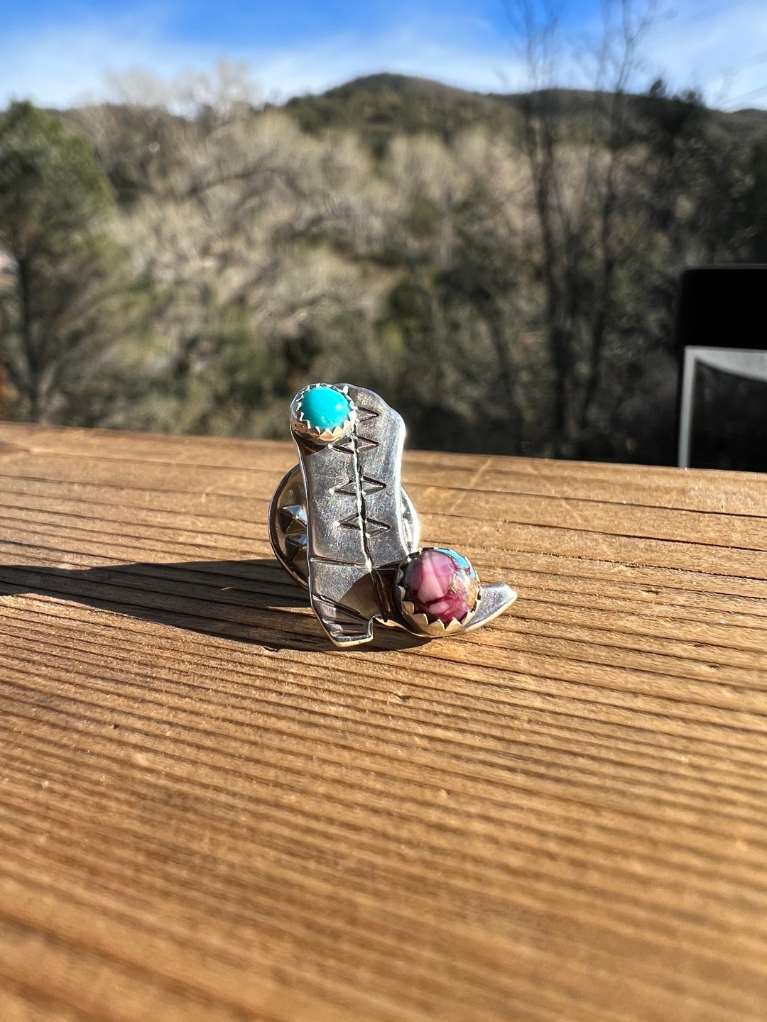 Sterling Silver Cowboy Boot Hat Pin W/ Genuine Turquoise - Etsy