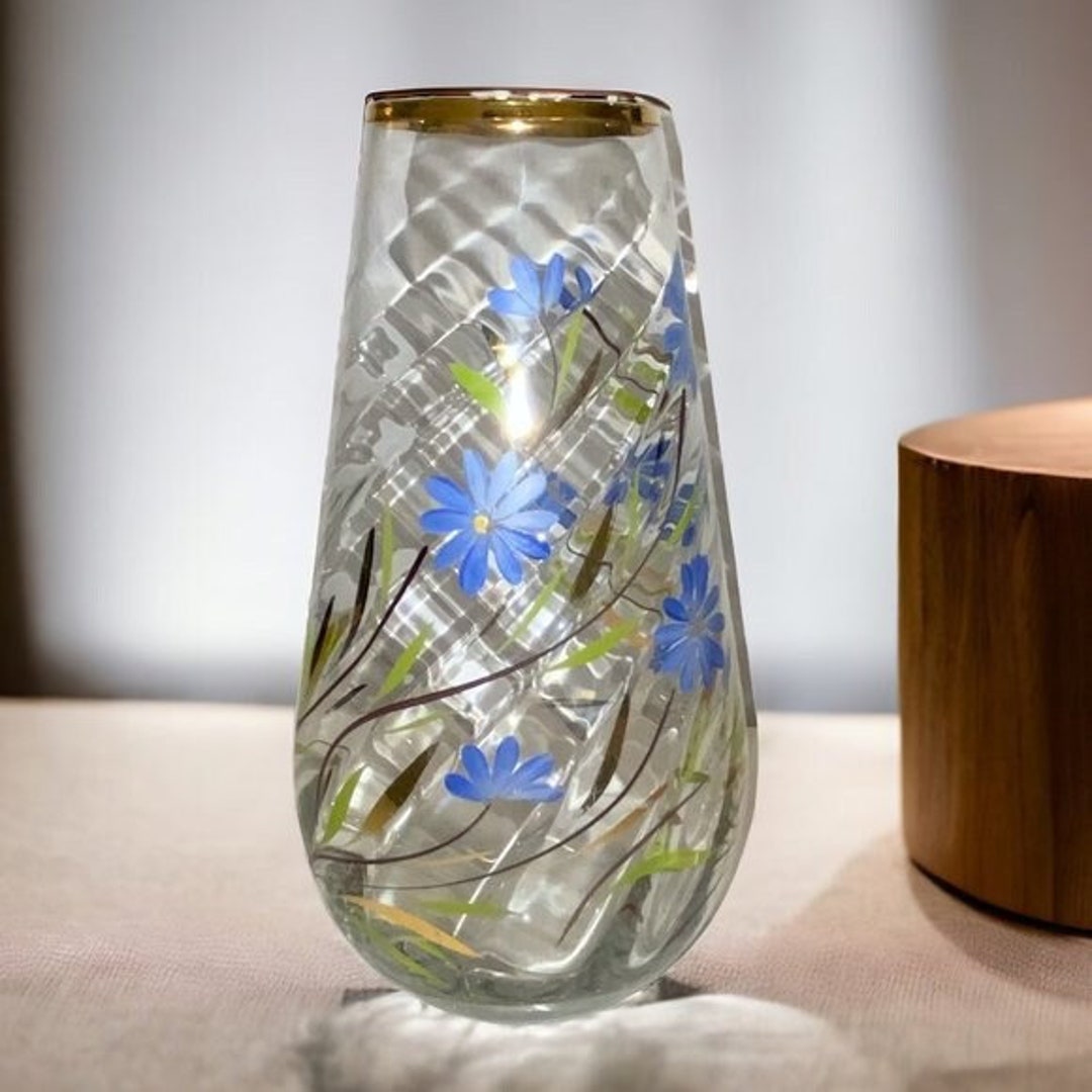 Vintage Tall Large Clear Glass Flower Vase Hand Painted Floral Blue ...