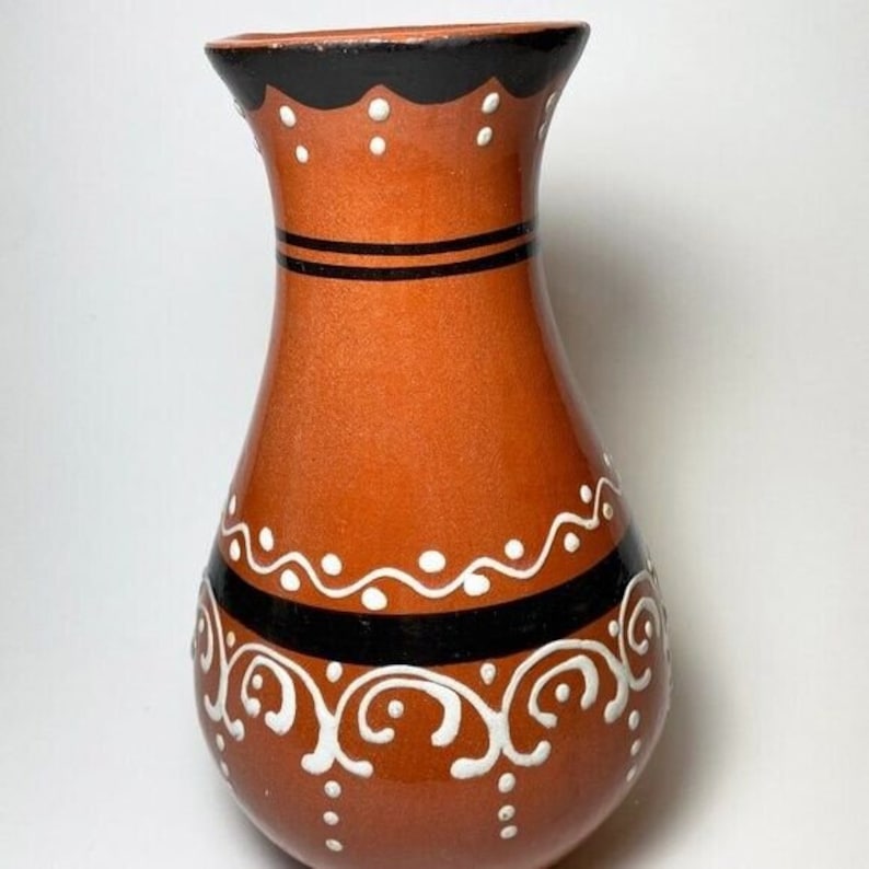 Vintage Portuguese Redware Terracotta Flower Vase Glazed Hand Painted ...