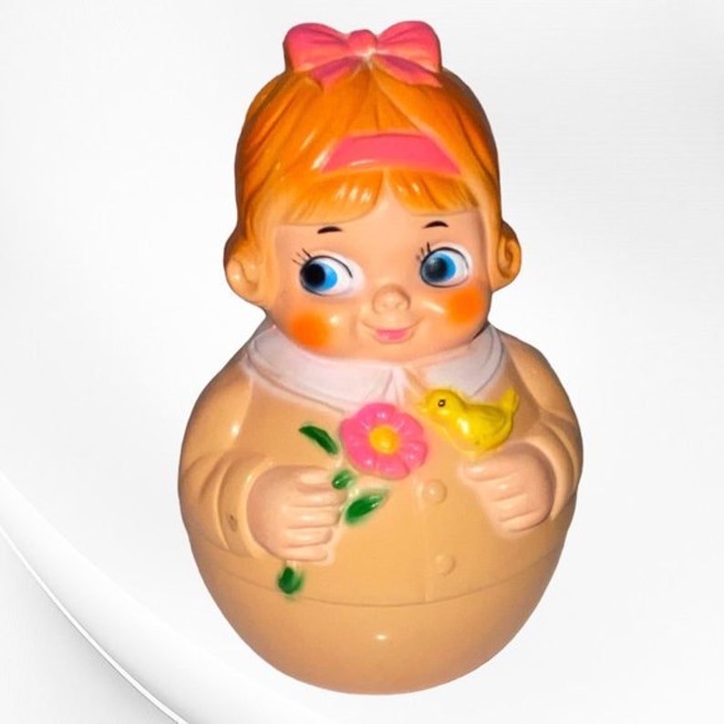 RARE Vintage Early 1970s Roly-poly Toy Doll Girl Bird Flowers Plastic ...