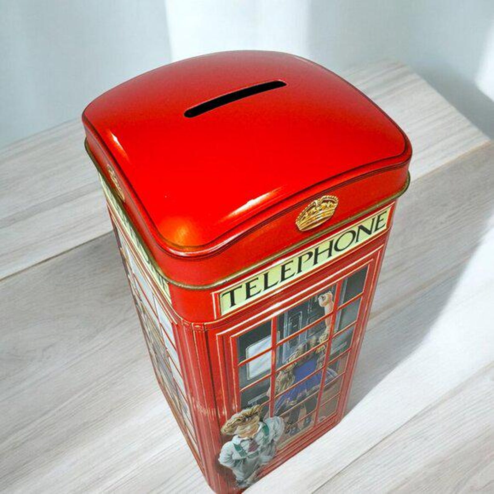 Vintage Tin Coin Bank British England Telephone Booth Red Churchill's ...