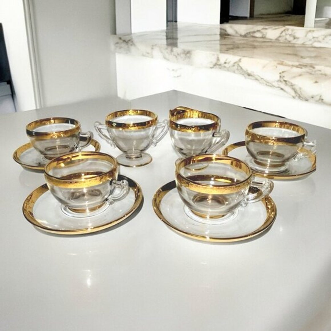 Vintage Tea Set Clear Glass Gold Rim Sugar and Creamer 4 Tea Cups and 4 ...