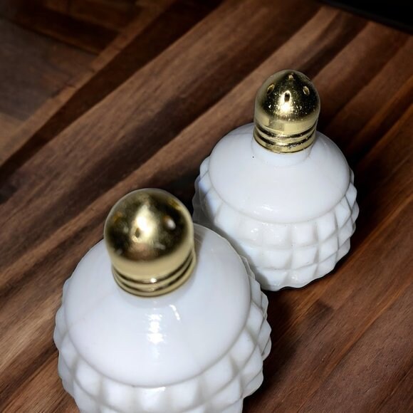 Vintage Milk Glass Salt and Pepper Shakers Diamond Cut Round Gold Metal ...