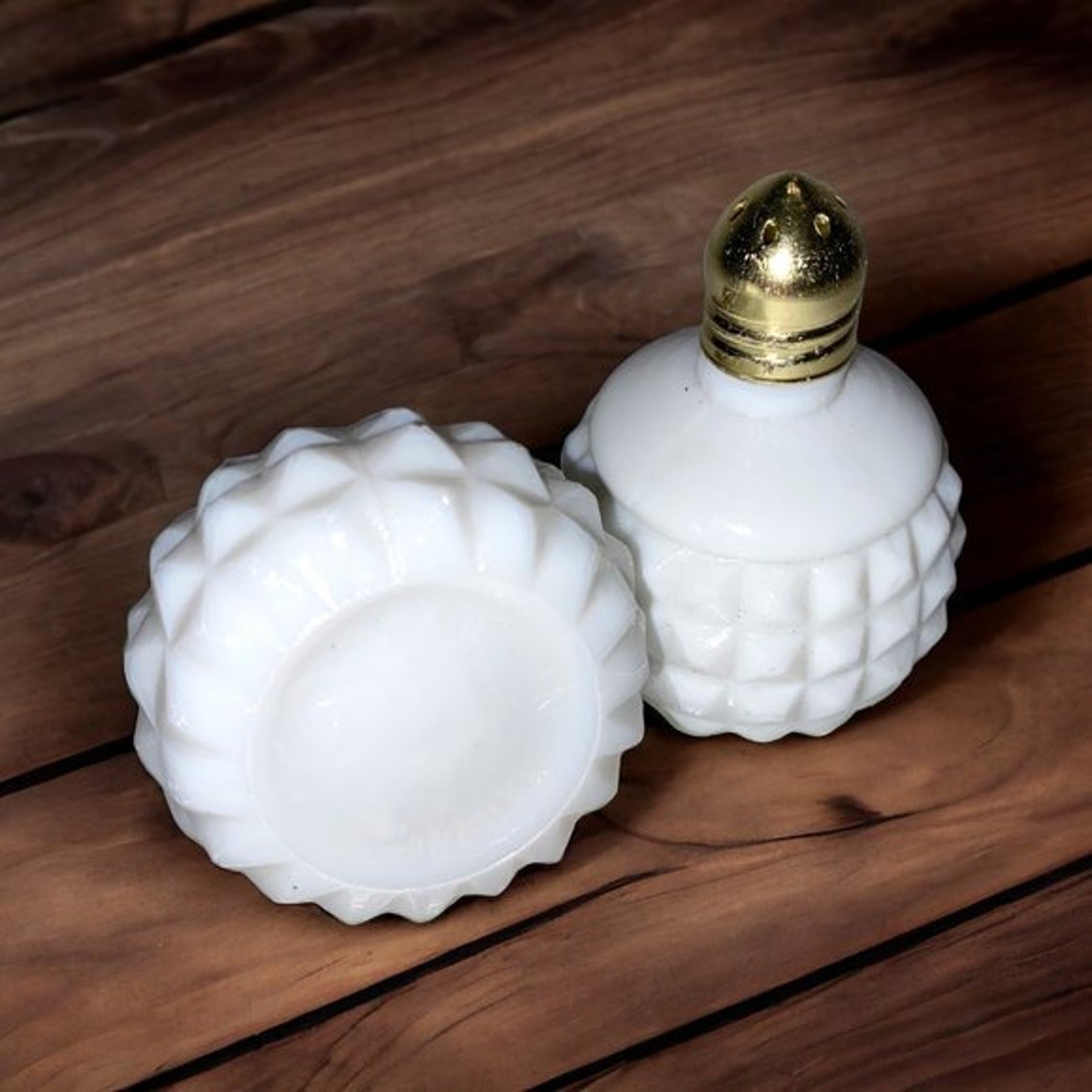 Vintage Milk Glass Salt and Pepper Shakers Diamond Cut Round Gold Metal ...