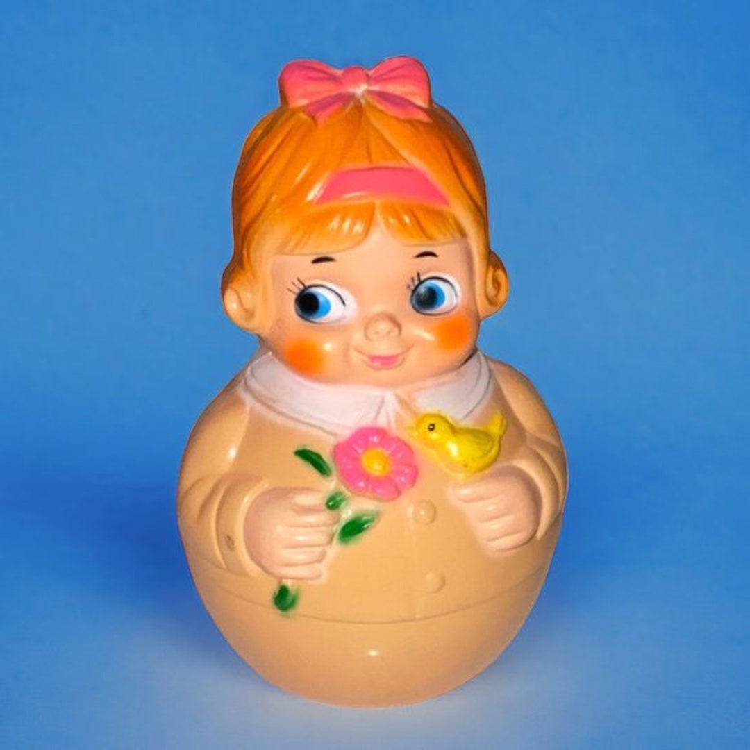 RARE Vintage Early 1970s Roly-poly Toy Doll Girl Bird Flowers Plastic ...