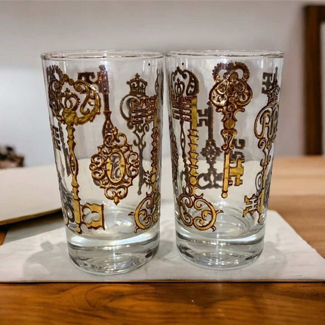2 Vintage Dominion Glass Skeleton Keys Clear Glass Tumblers Drinkware ...