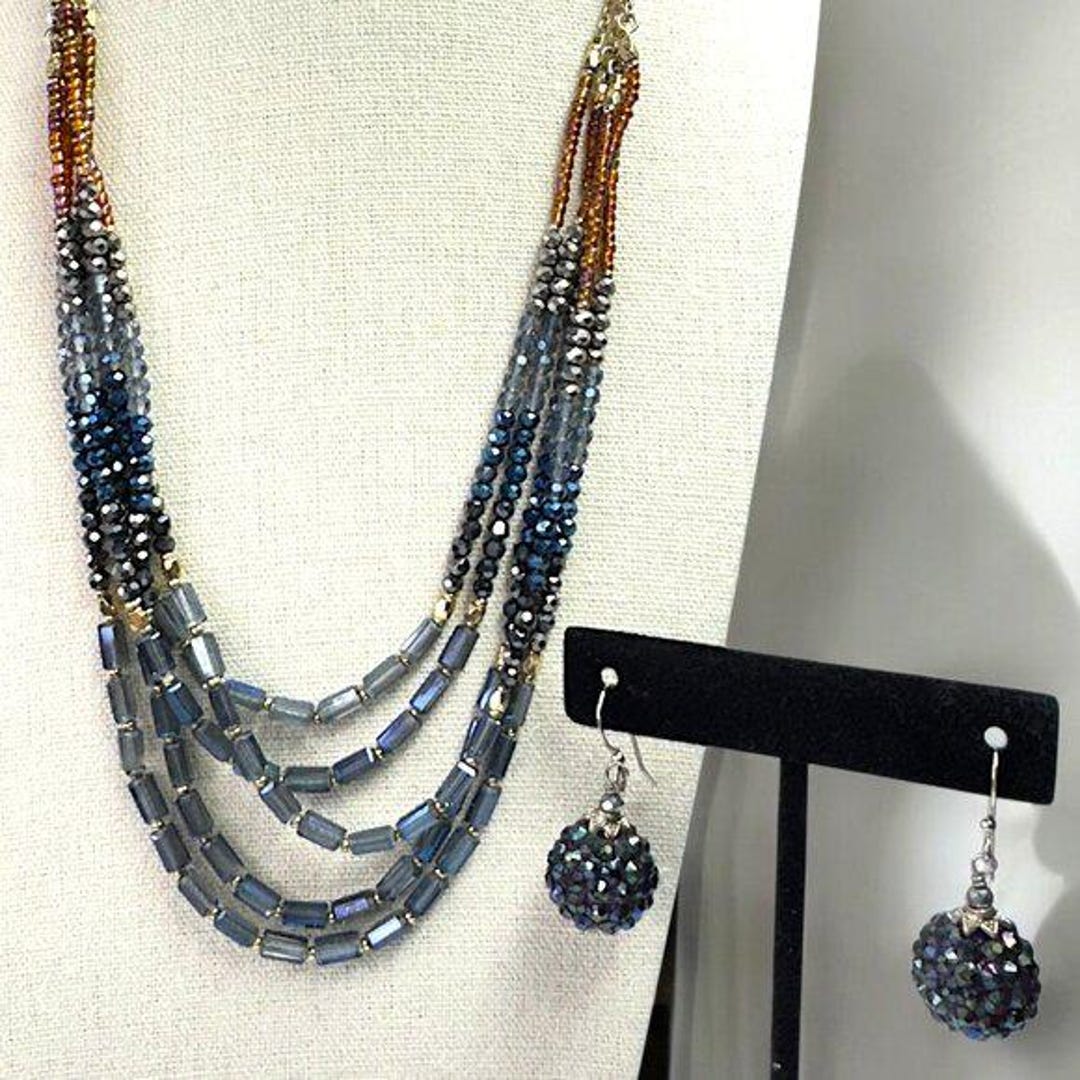 Vintage Beaded Necklace and Dangling Matching Earrings Set Navy AB ...