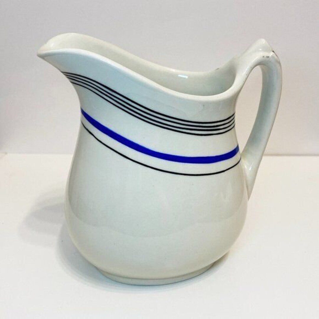 Rare Vintage Small Water Pitcher Vitrified Hotel Ware White and Blue ...