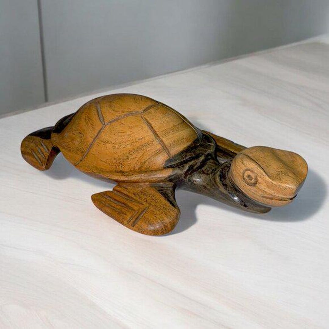 Hand Carved Wooden Sea Turtle Sculpture Figurine Decor Sea Life Ocean ...