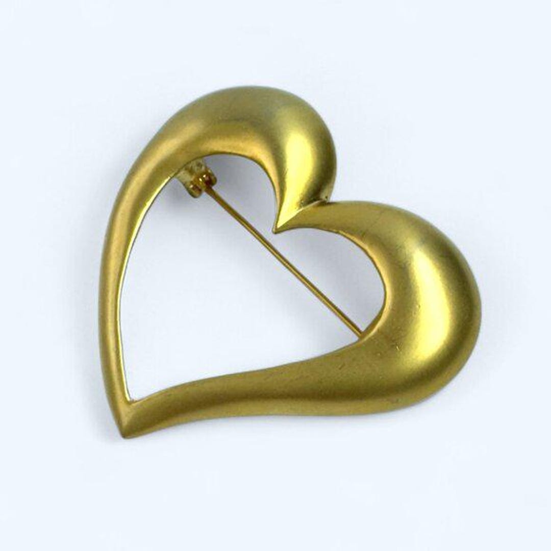 Vintage Brushed Gold Tone Open Heart Shaped Brooch Pin Love Romantic ...