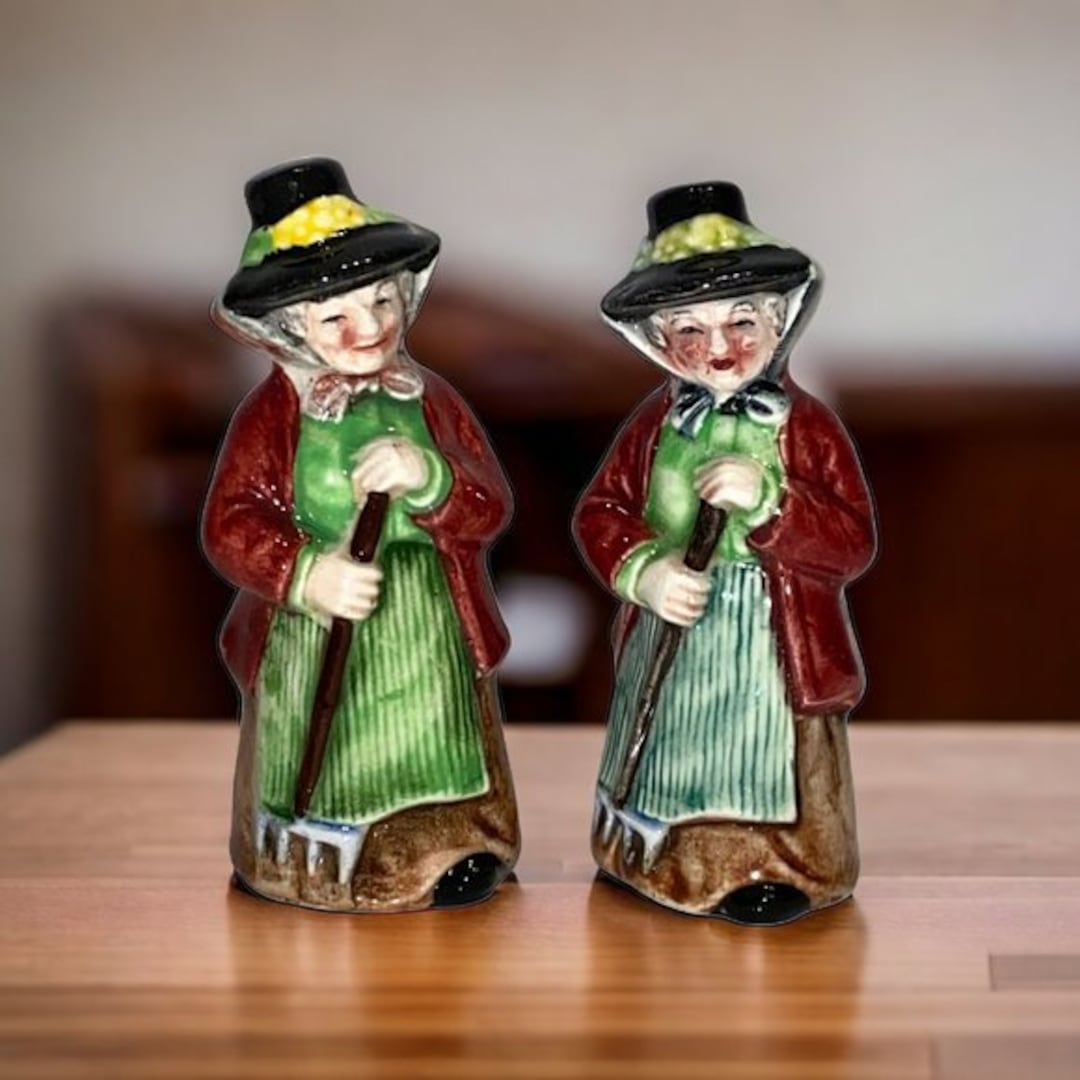 Vintage Old Ladies Holding Rake Salt and Pepper Shakers Ceramic Hat ...