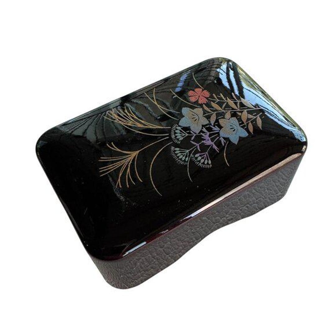 Small Black Lacquered Plastic Keepsake Jewelry Ring Gift Box Floral ...