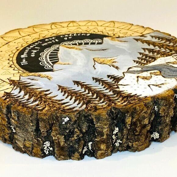 Tree Trunk Slice Wood Hand Painting Wall Decor Mountains Rockies Unique ...