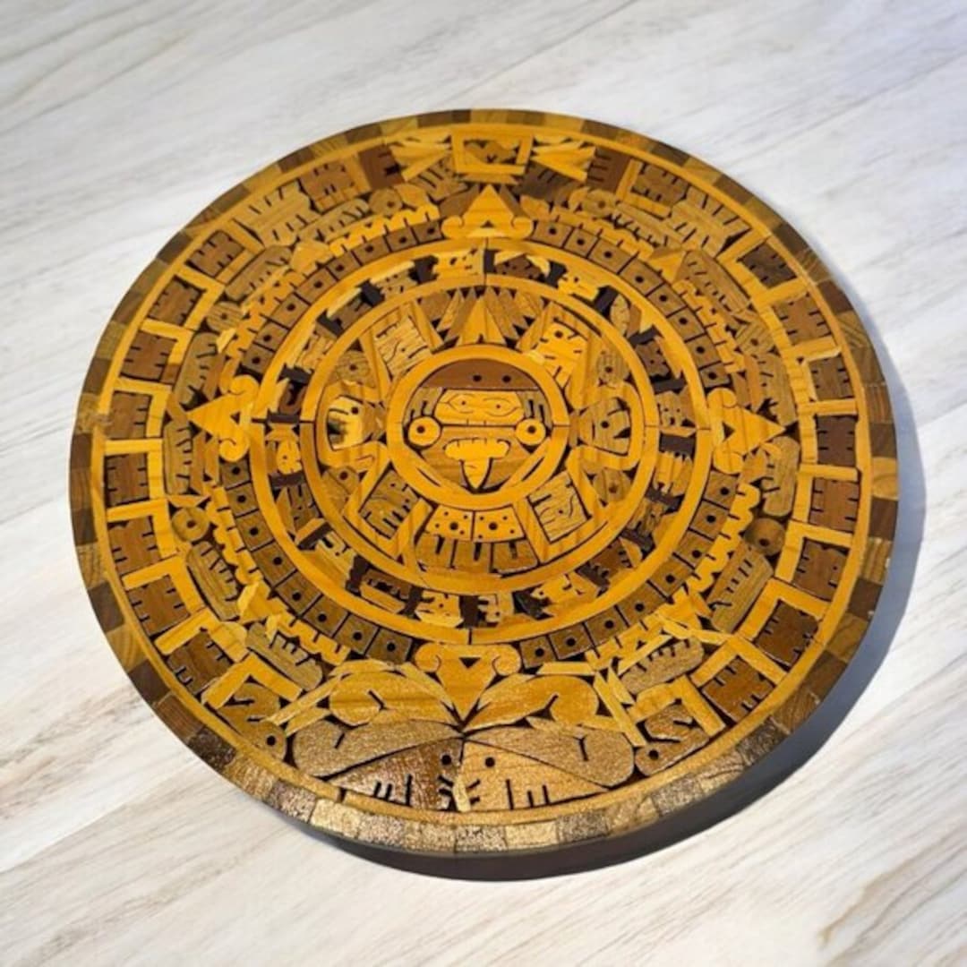 Vintage Handcrafted Wooden Mexican Aztec Mayan Calendar Inlay Mosaic ...