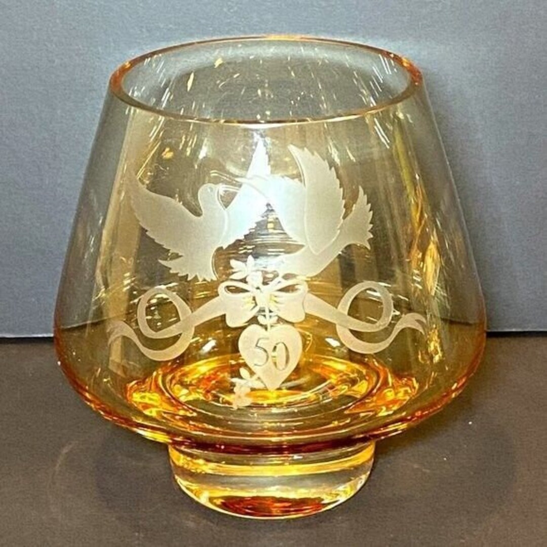 Vintage Amber Golden Anniversary Celebration Glass Bowl 50th Birds ...