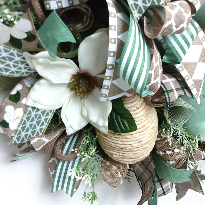 Flocked Bunny Easter Wreath, Spring Magnolia Front Door, Easter Floral ...