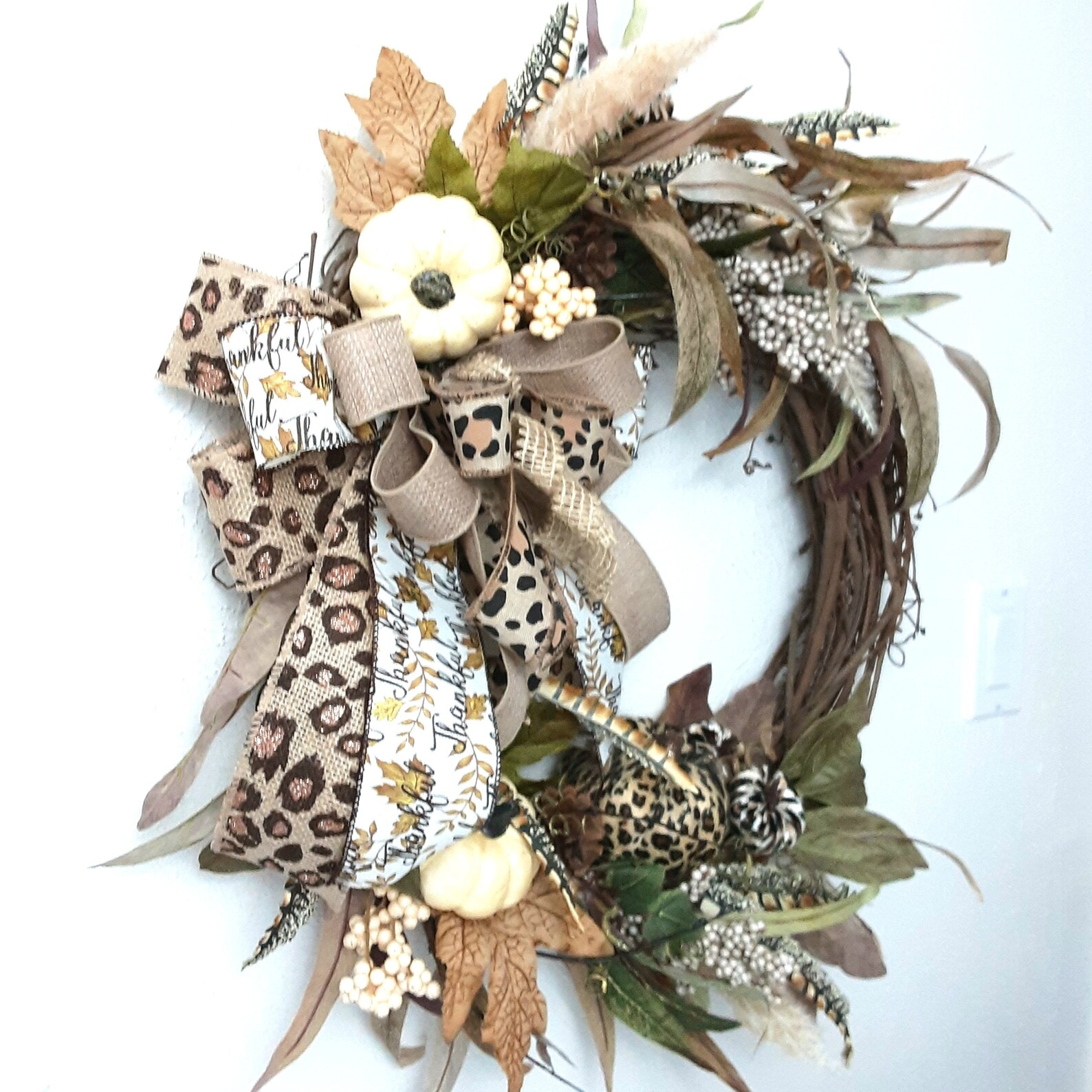 Fall Leopard Pumpkin Wreath, Pumpkin Wreath, Fall Decor, Fall Grapevine ...