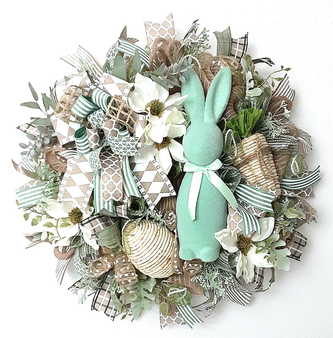 Flocked Bunny Wreath, Easter Welcome Wreath, Easter Bunny Front Door ...