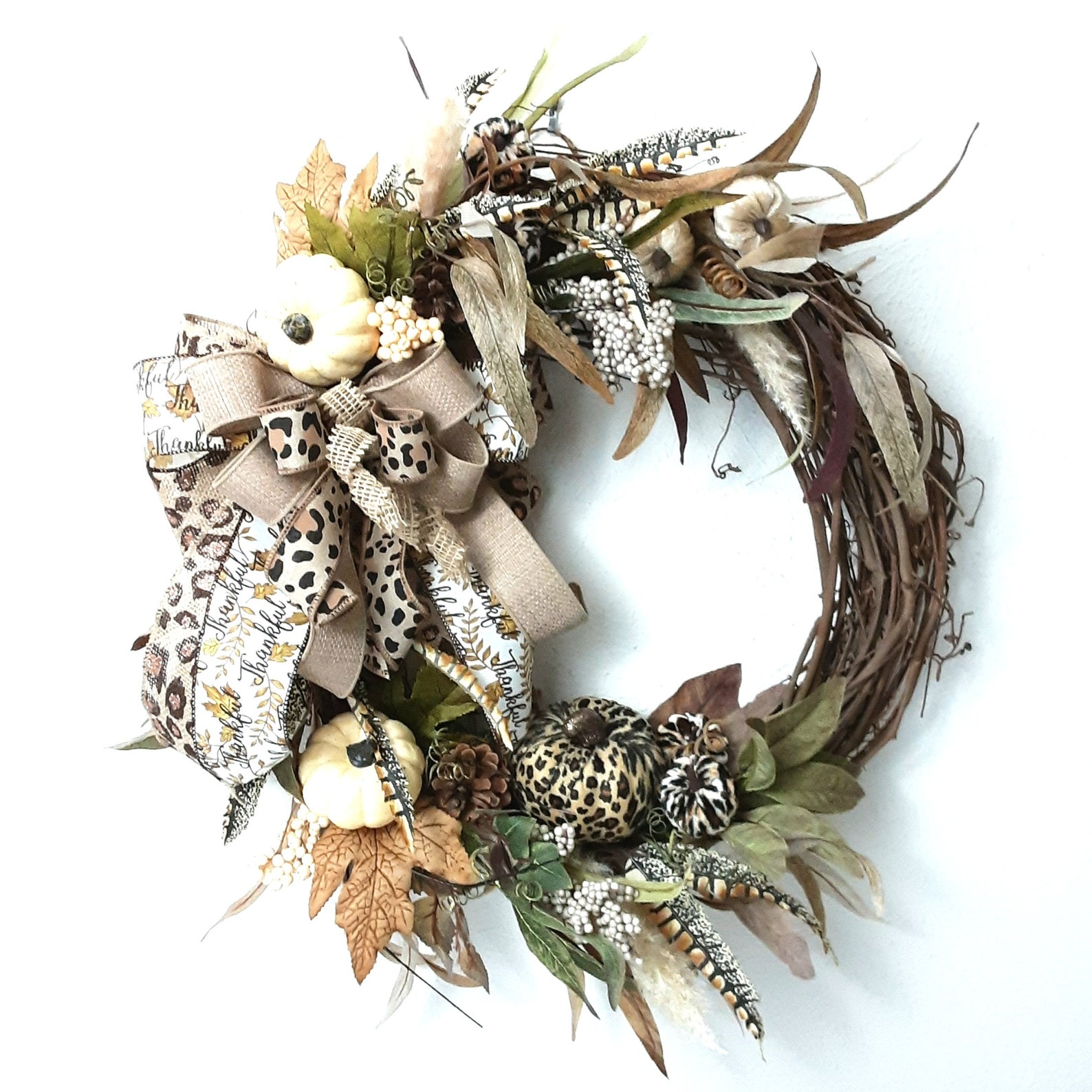 Fall Leopard Pumpkin Wreath, Pumpkin Wreath, Fall Decor, Fall Grapevine ...