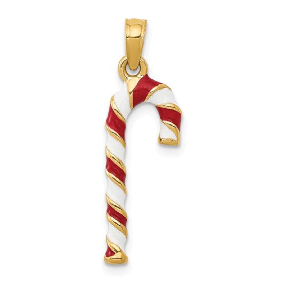 14k Solid Gold Enameled Christmas Candy Cane Pendant Charm for a Chain ...