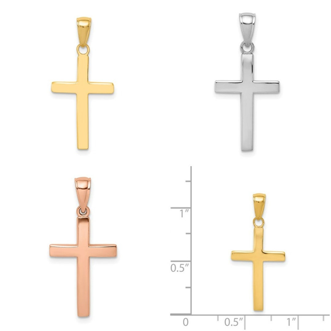 14k Solid Gold Yellow White or Rose Plain Polished Cross for Chain or ...