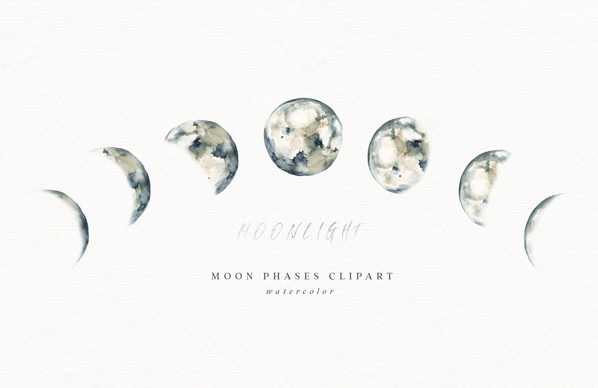 Moon Phases Clipart, Watercolor Moon, New Moon Clipart, Full Moon ...