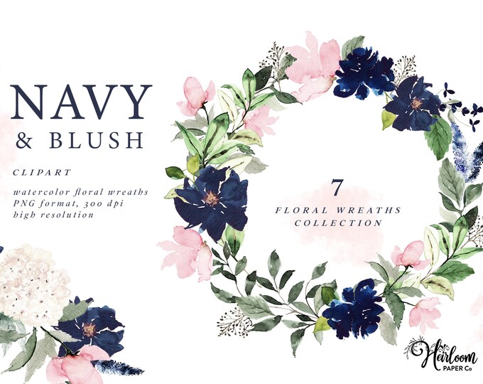 Navy and Blush Watercolor Clip Art Wreaths, Navy Blue Floral Wreaths ...
