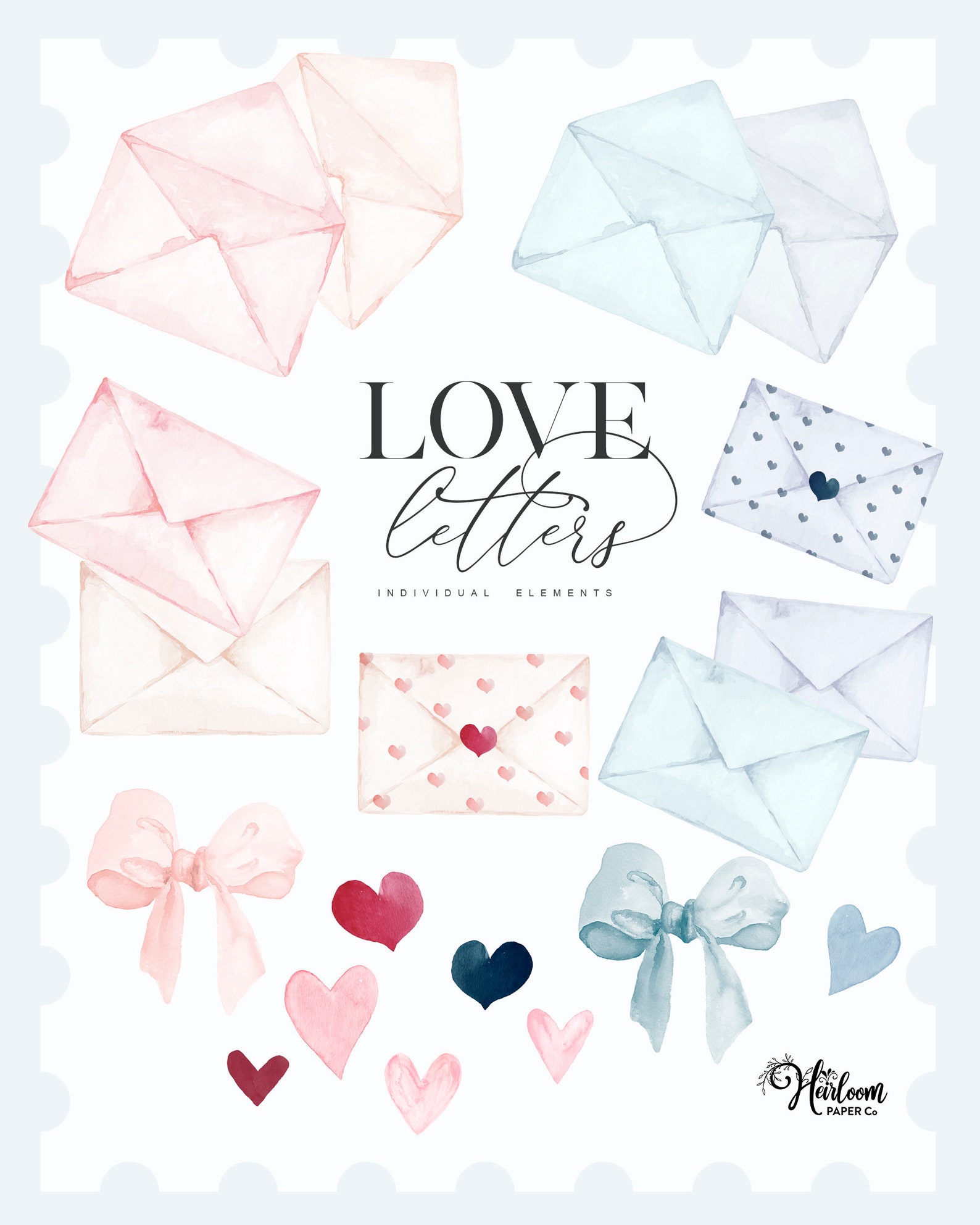 Love Letters, Watercolor Floral Elements, Dusty Blue and Blush Flowers ...