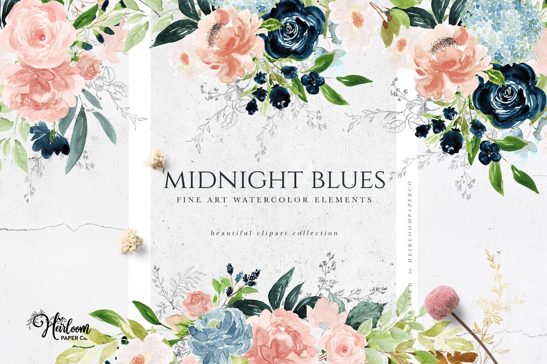 Watercolor Navy Blush Floral Elements - Midnight Blues Elements ...