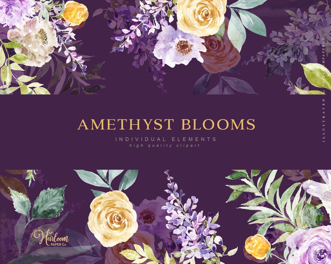 Amethyst Blooms - Purple Flowers Clipart - Purple Rose - Yellow Rose - Amethyst Watercolor ...