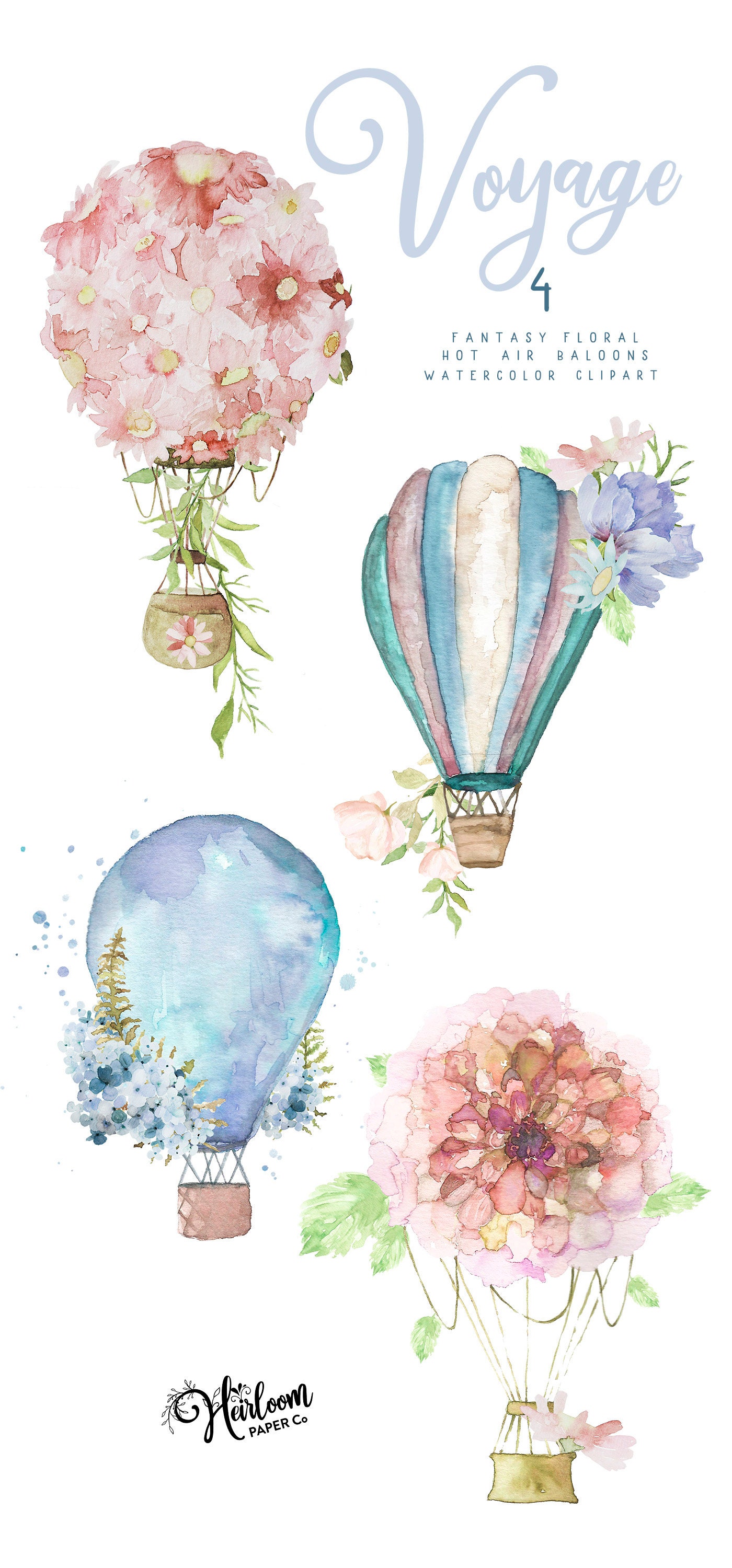 Voyage Watercolor Floral Hot Air Balloons Clipart, Watercolor Peony ...