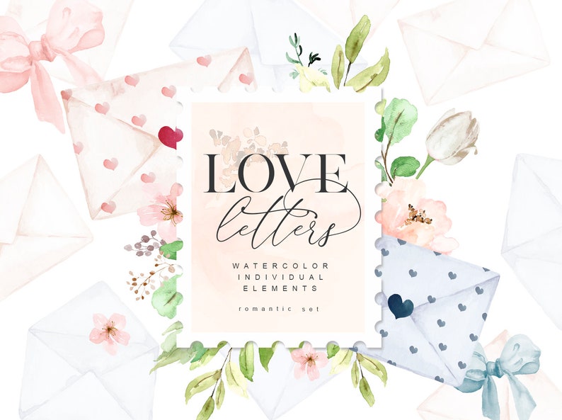 Love Letters, Watercolor Floral Elements, Dusty Blue and Blush Flowers ...