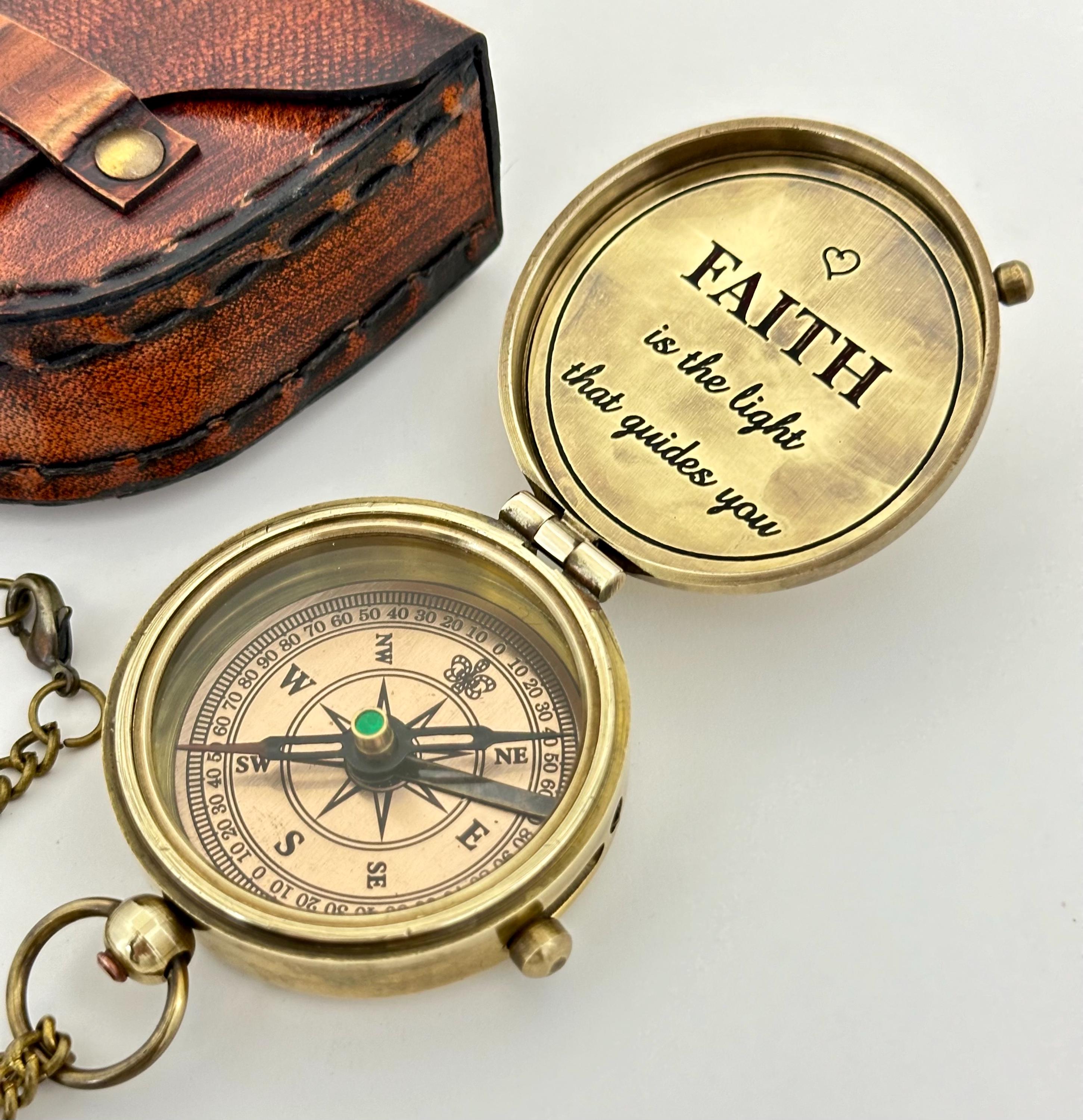 Compass Engraved Faith is Light Brass Compass With Leather Box Mens ...