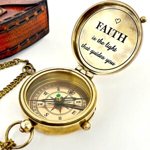 Compass Engraved Faith is Light Brass Compass With Leather Box Mens ...