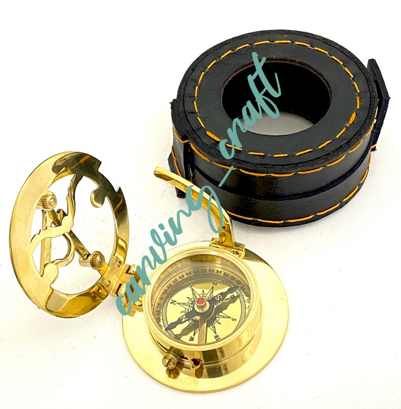 Brass Sundial Compass With Leather Box Nautical Accessories for Men ...