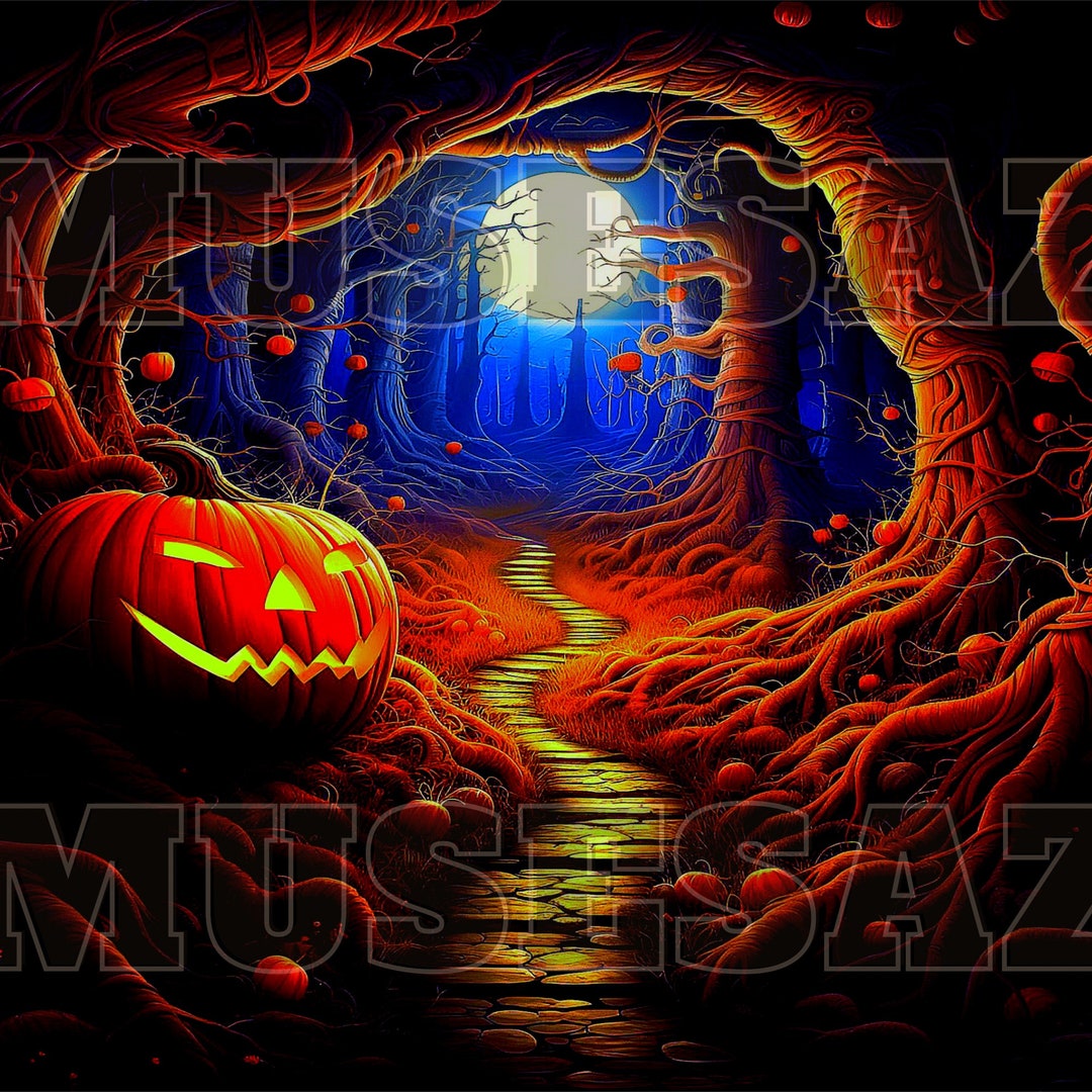 Spooky Glowing Pumpkin on a Haunted Forest Trail With Moon Aesthetic ...