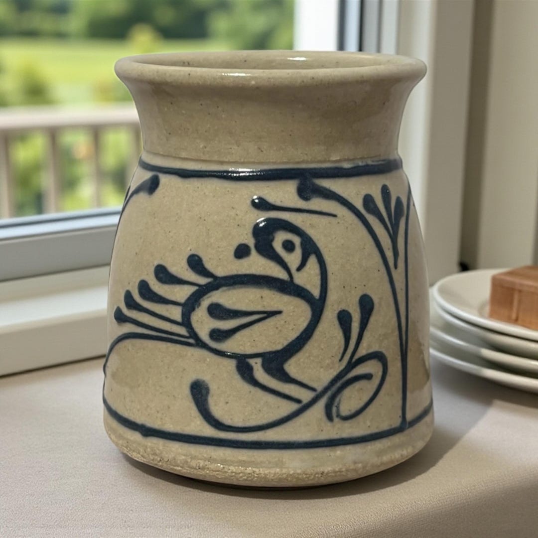 Signed Gogi Victor Cornish Hill Pottery Stoneware Vase With Folk Art ...