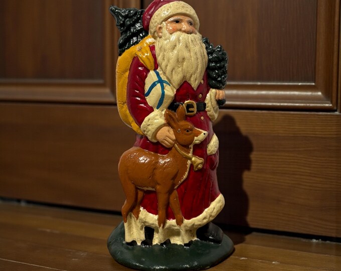 One Vintage Painted Cast Iron Santa Claus and Reindeer Doorstop. - Etsy