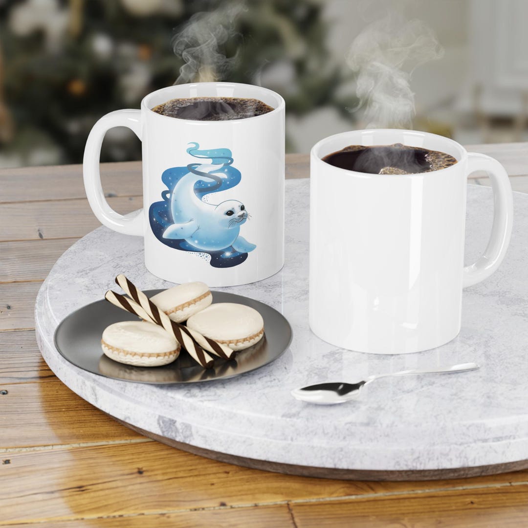 Blue and White Cute Swimming Seal Mug - Etsy