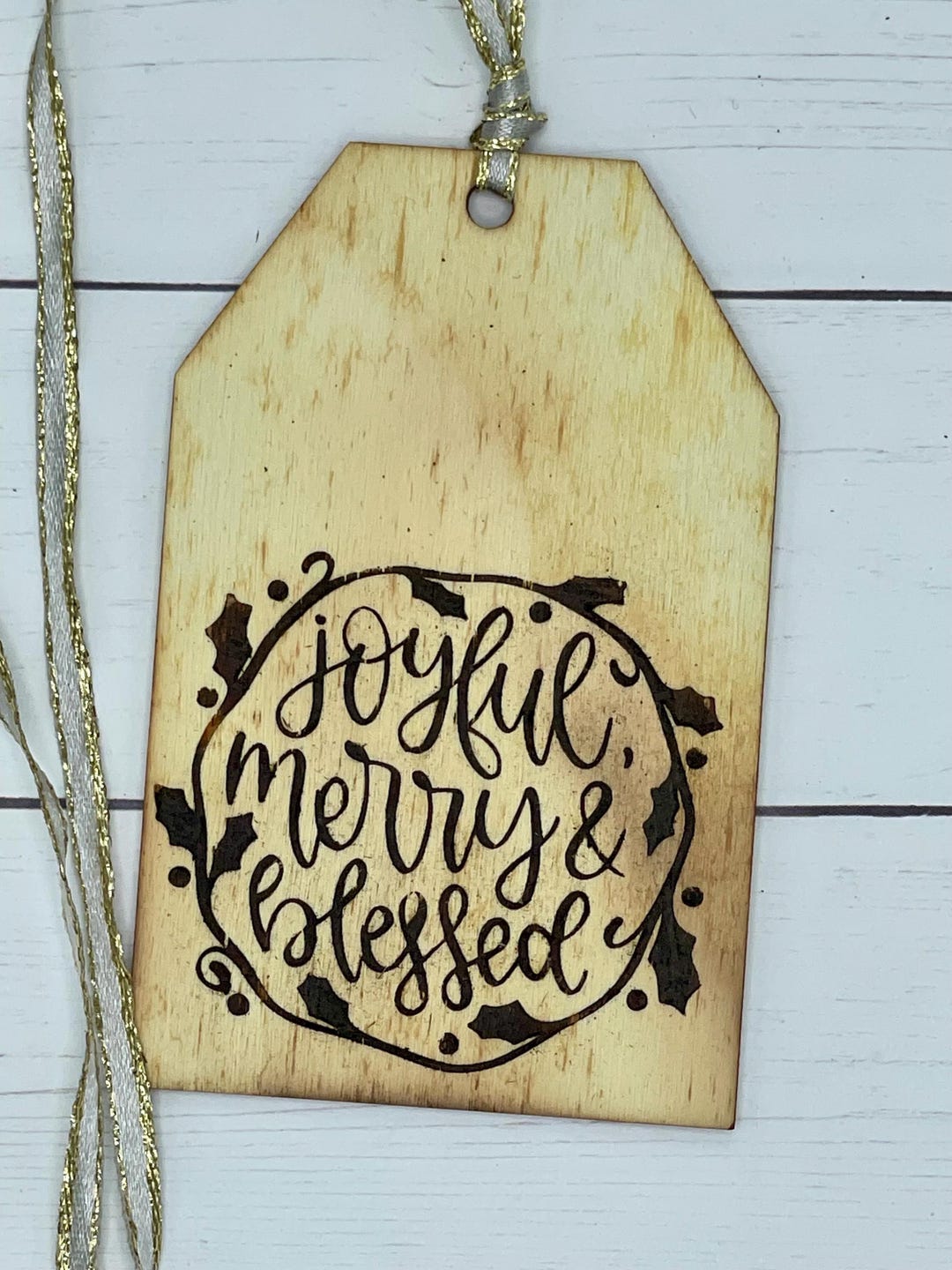 Personalized Christmas Gift Tag Ornament Joyful, Merry, Blessed Wooden ...