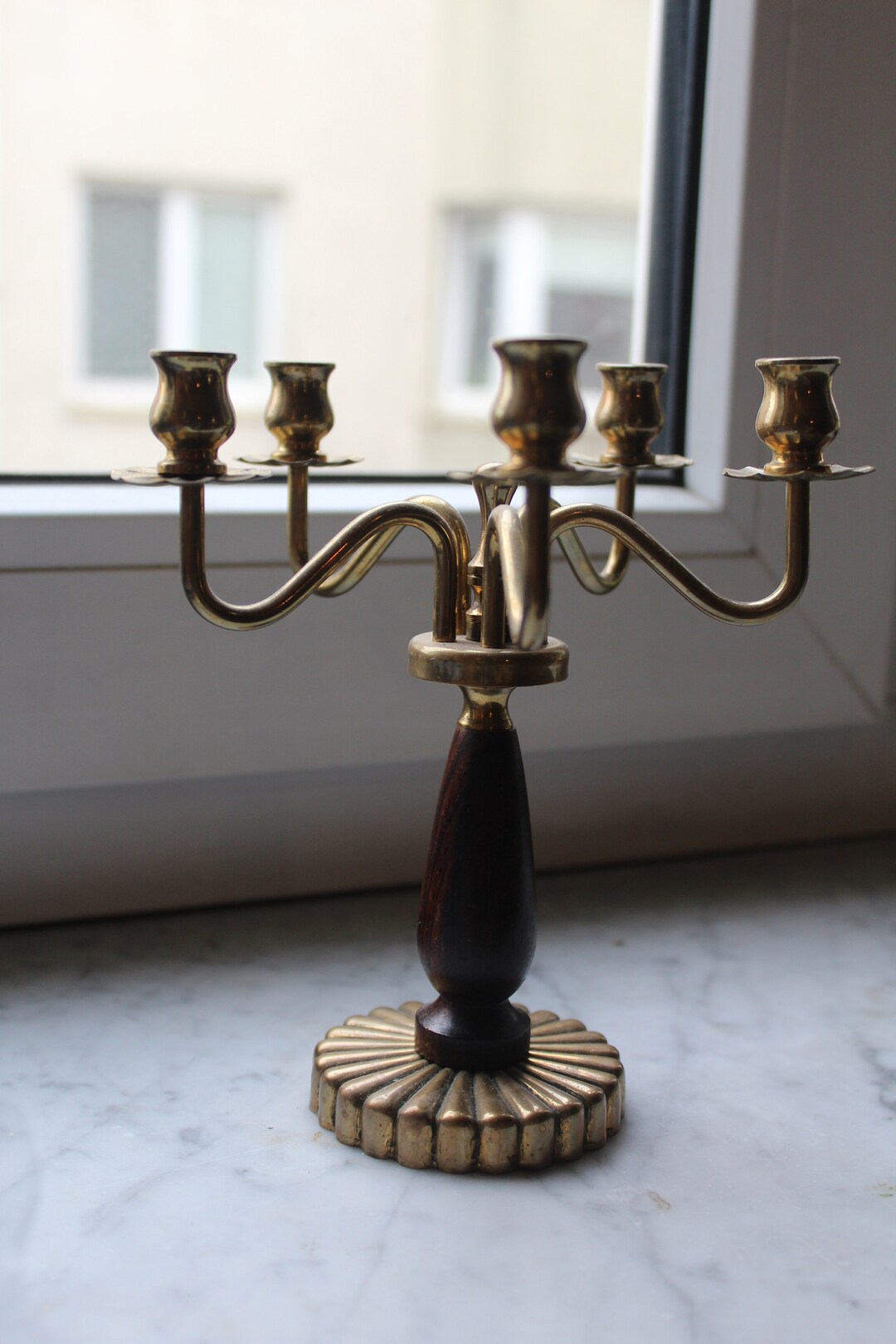 Vintage Brass and Wood Mini Candelabra 5 Arms Candle Holder - Etsy