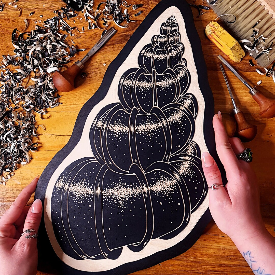 Wentletrap Shell - Hand-carved Original Black Woodcut 44x29cm/ Wall ...