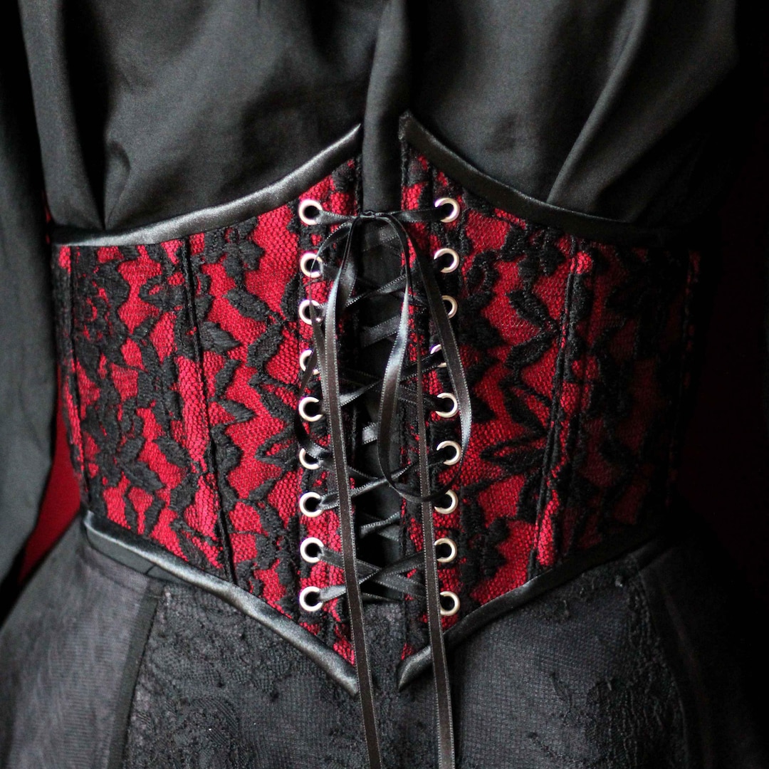 Corset Belt Waist Cincher Red and Black Floral Lace Victorian Goth ...